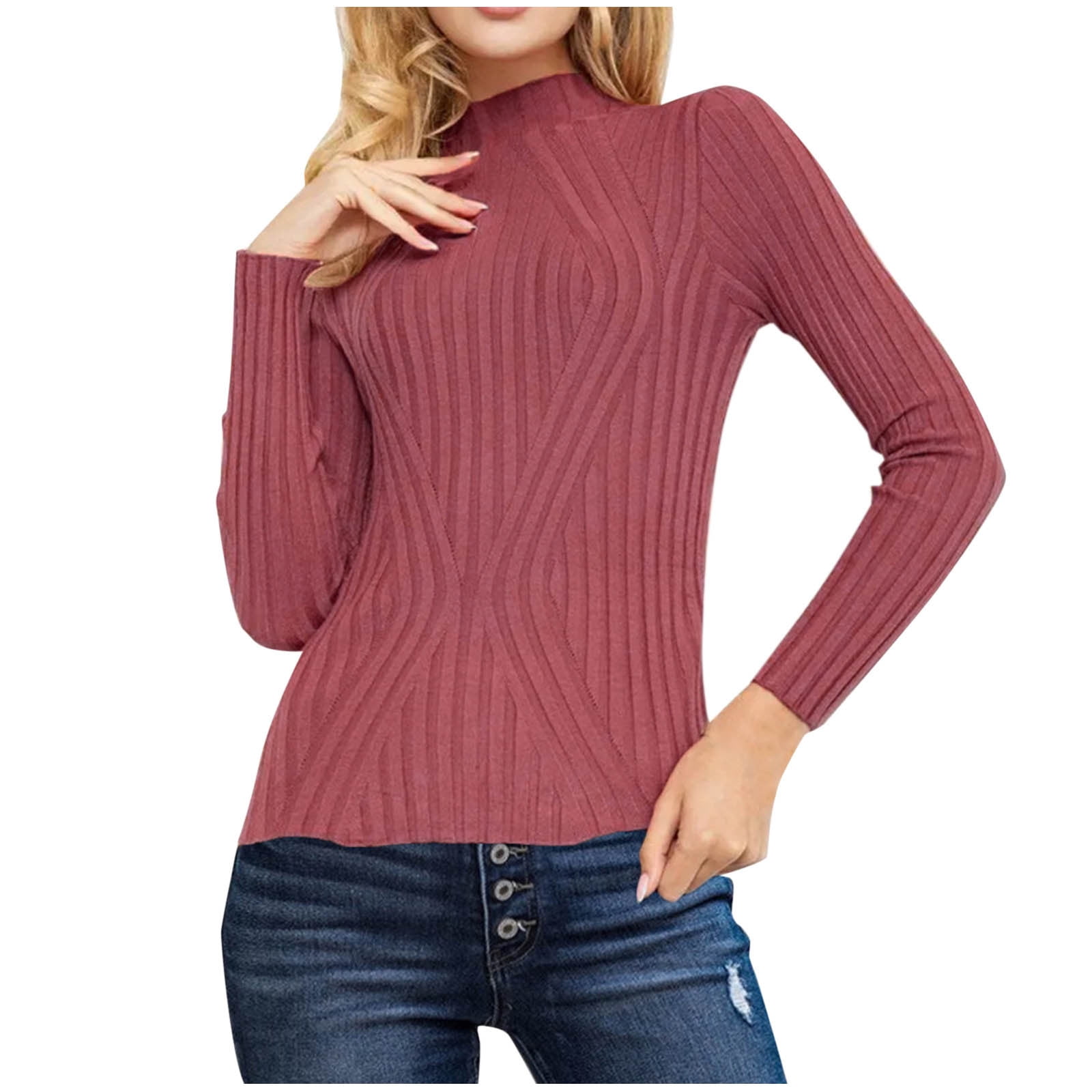 cfhntfmh Women's Long Sleeve Ribbed Shirt Fall Winter Knit Sweater ...