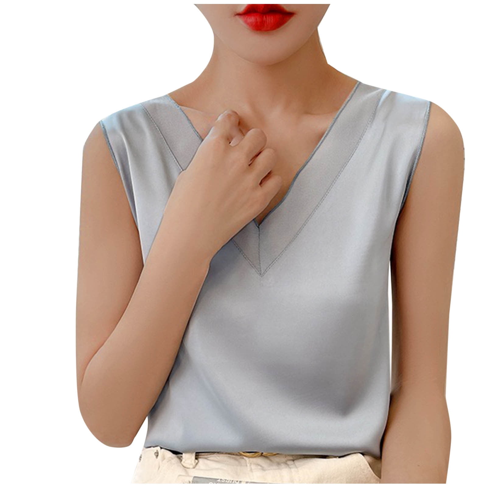 cfhntfmh Women's Satin Tank Tops Dressy Casual V Neck Summer Sleeveless ...