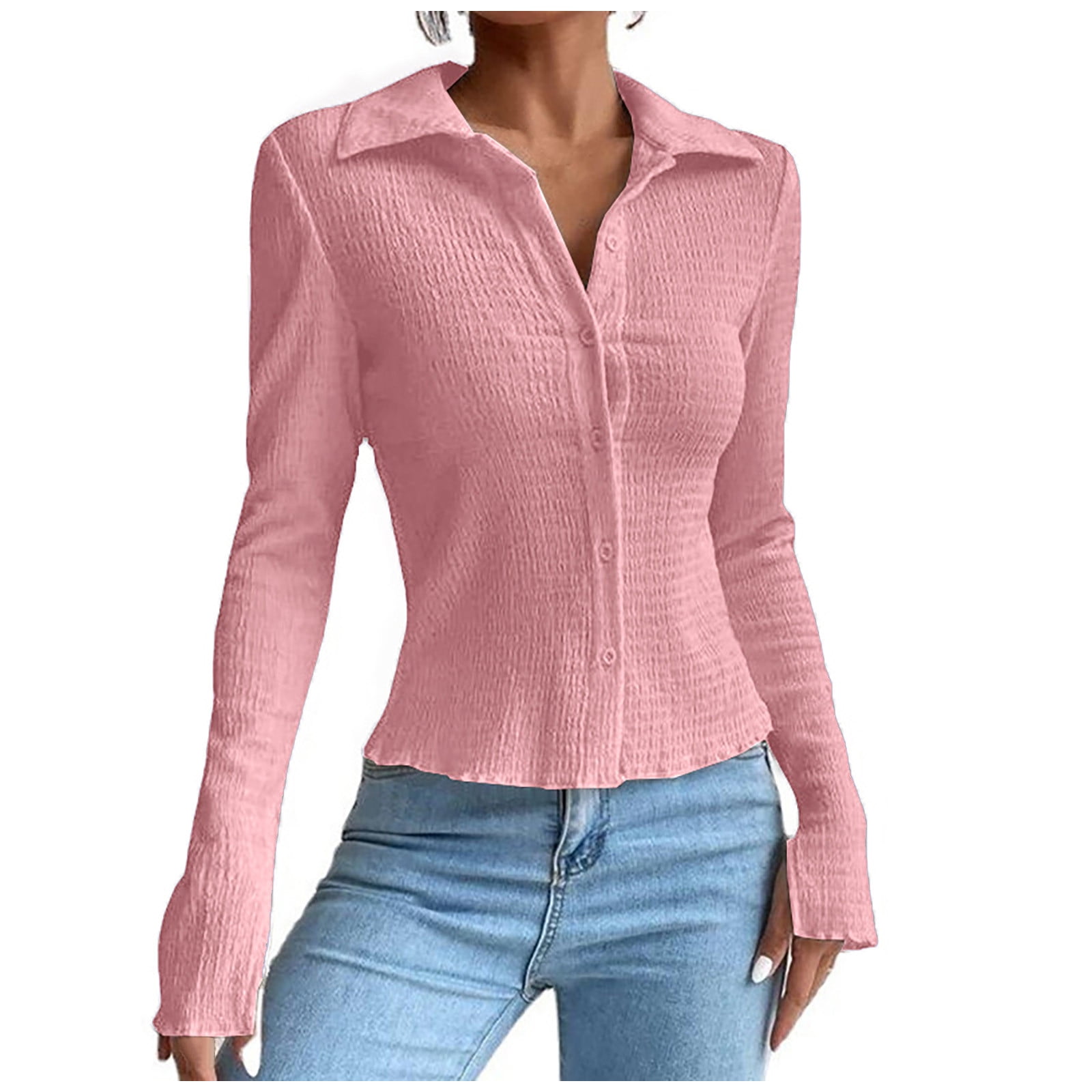 cfhntfmh Women's Tops Casual Long Sleeve Lapel Collar Solid Color Smocked Slim Fitted Blouse ...