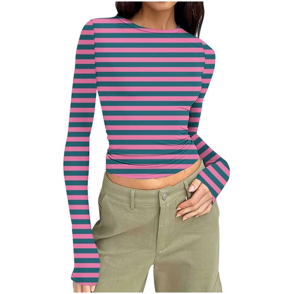 cfhntfmh Womens Basic Long Sleeve Tops Striped Tops Slim Fitted Basic ...