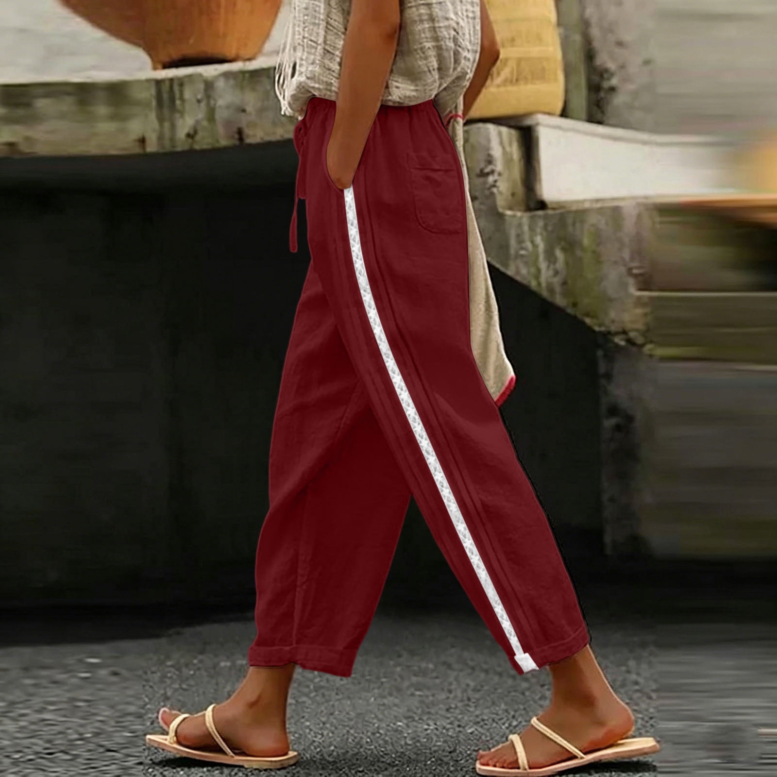 cfhntfmh Womens Cotton Linen Cropped Pants Casual Rolled Hem Elastic ...
