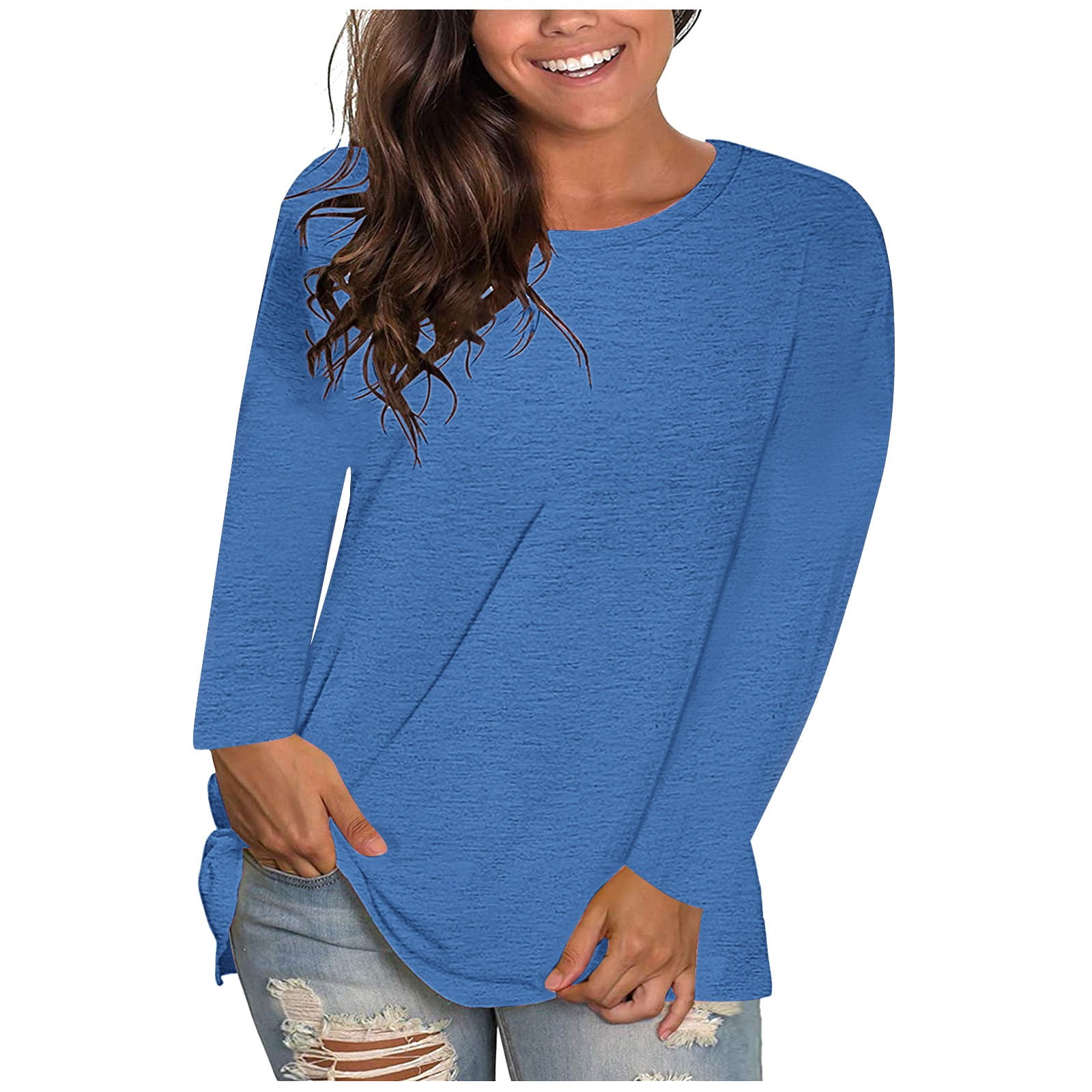 cfhntfmh Womens Long Sleeve Shirt Round Neck Basic Tee Solid Color Tops ...
