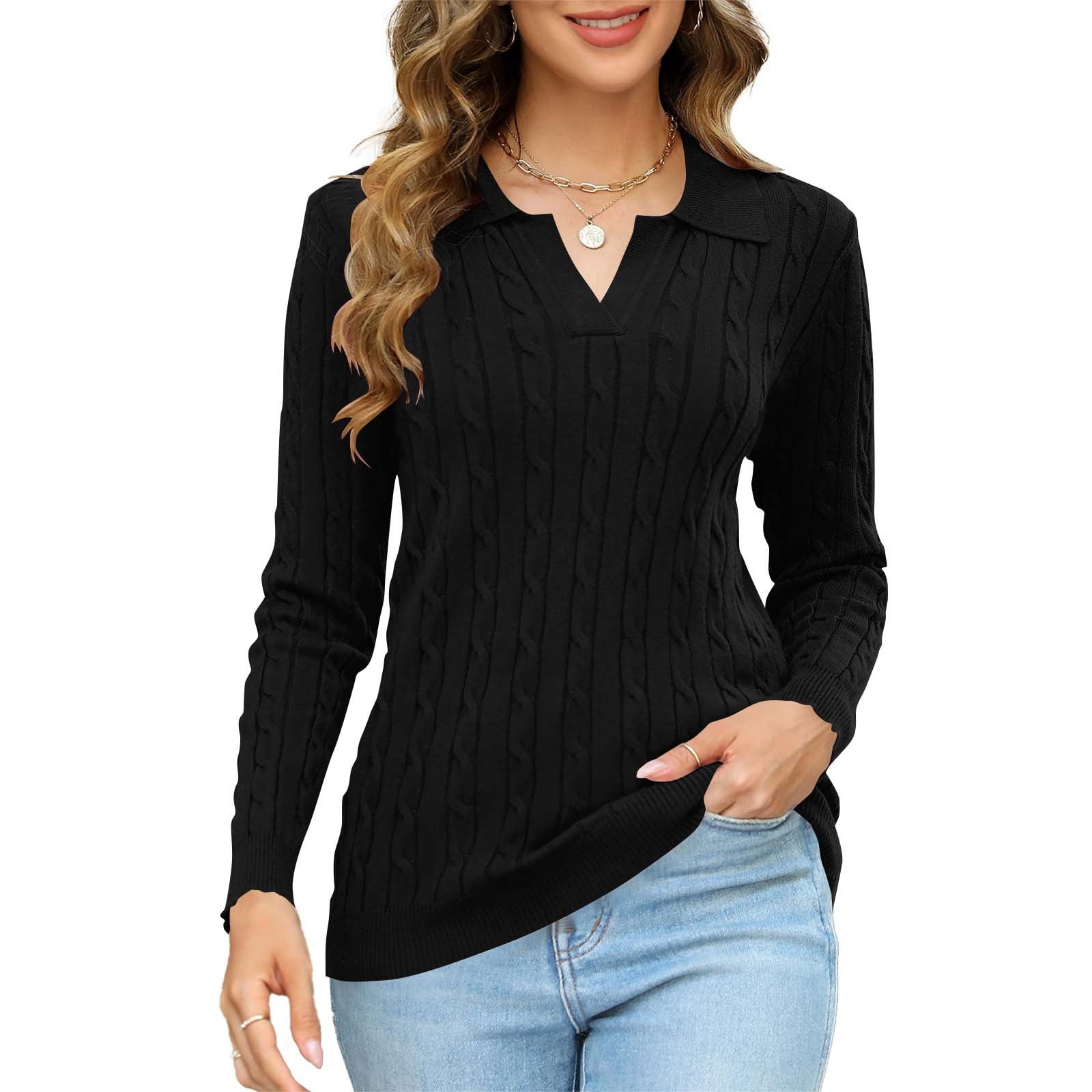 cfhntfmh Womens Long Sleeve Sweater Tops Collared V Neck Loose Work ...