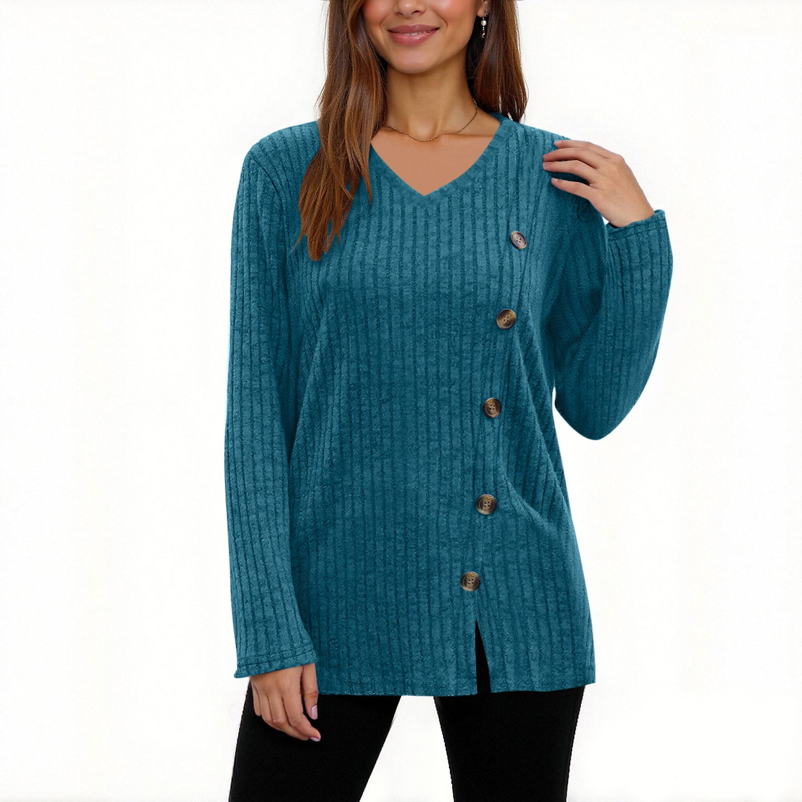 cfhntfmh Womens Long Sleeve Sweaters V Neck Side Split Tunic Tops Fall Fashion Sweaters Trendy ...