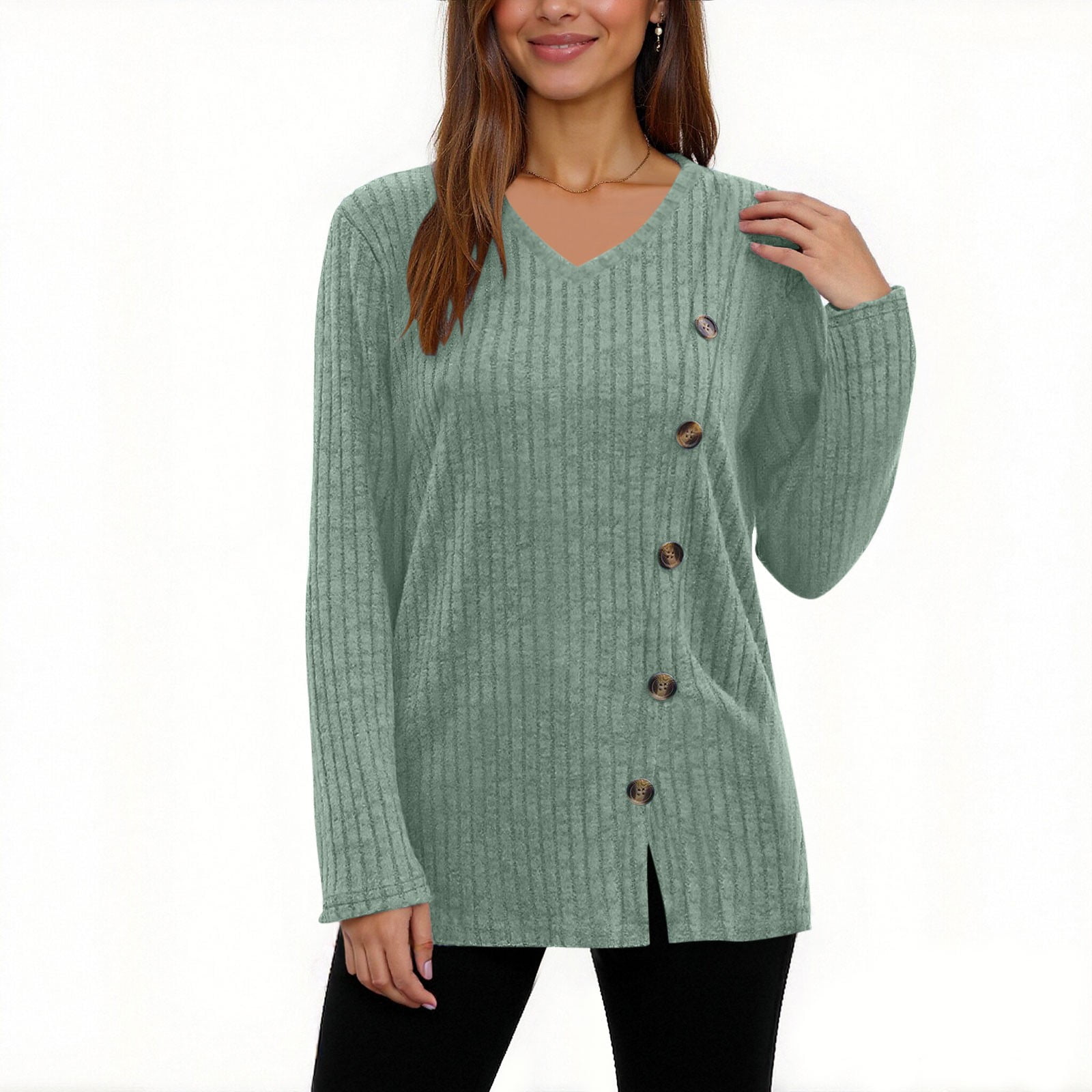 cfhntfmh Womens Long Sleeve Sweaters V Neck Side Split Tunic Tops Fall ...