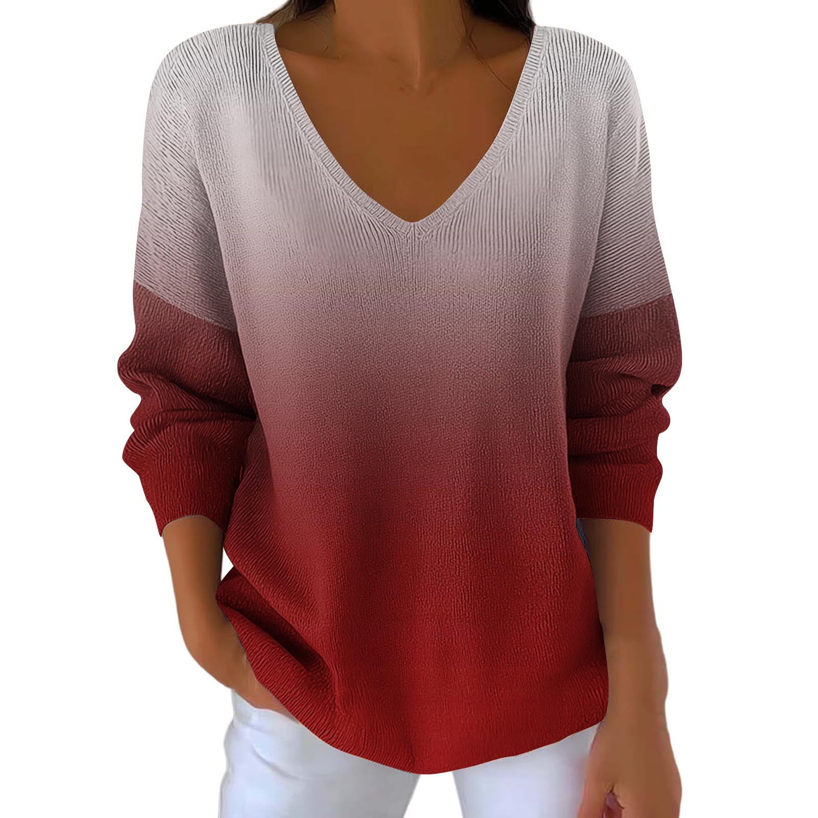 cfhntfmh Womens Long Sleeve V Neck Sweaters Plus Size Classic Soft ...