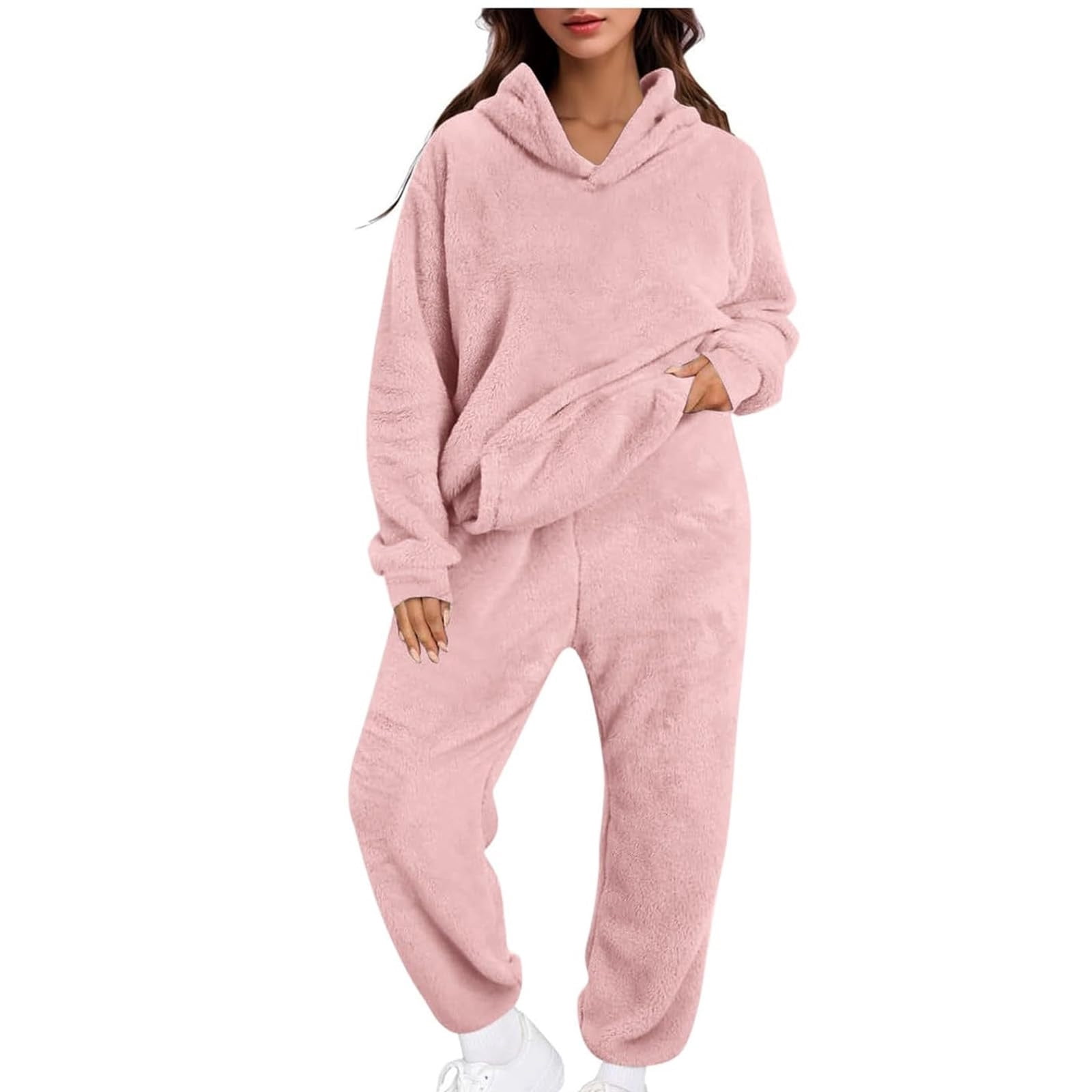 cfhntfmh Womens Pajama Sets Hoode Fuzzy Fleece 2 Piece Long Sleeve ...