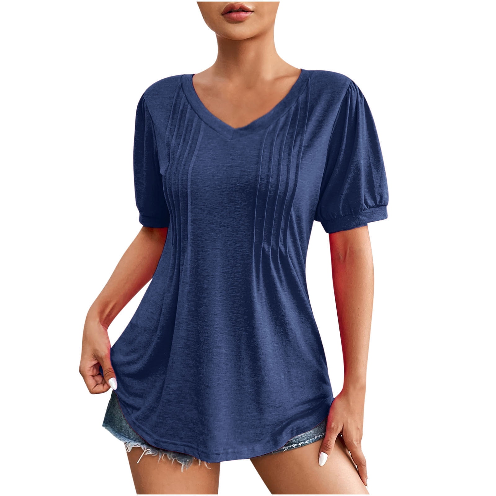cfhntfmh Womens Pleated Tops Short Sleeve V Neck Trendy T-Shirt Flowy ...