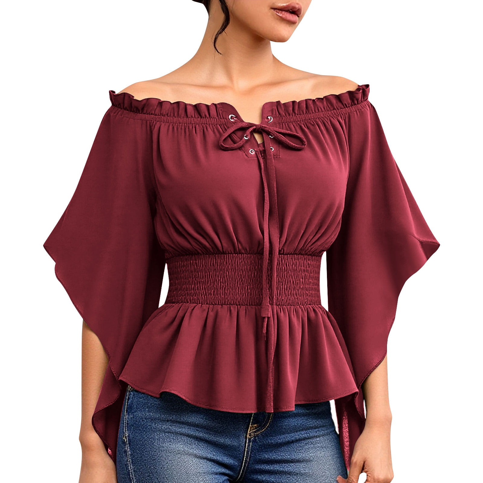 cfhntfmh Womens Renaissance Blouse Vintage off Shoulder Tops Solid Long ...