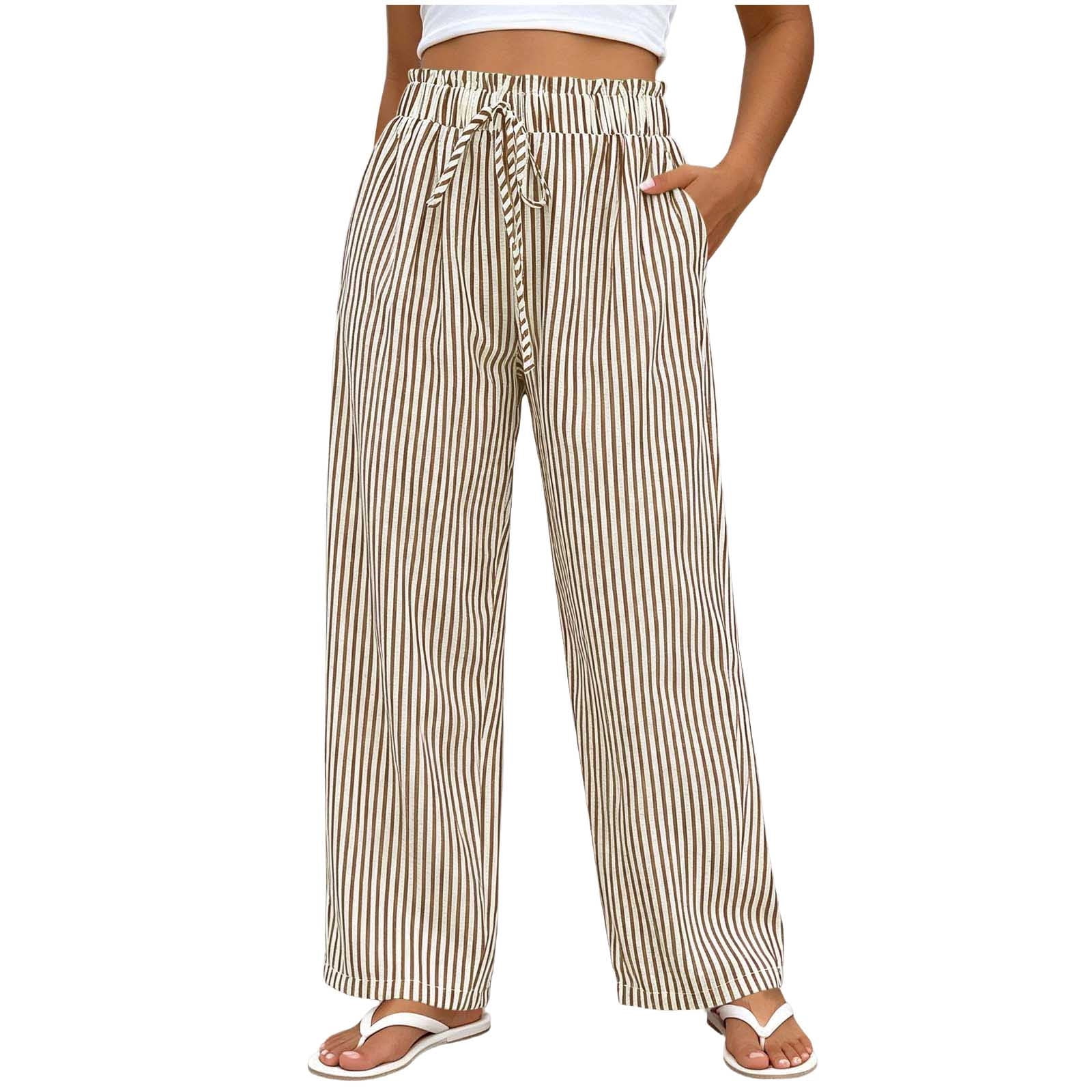 cfhntfmh Womens Striped Wide Leg Pants Elastic Waist Drawstring Lounge ...