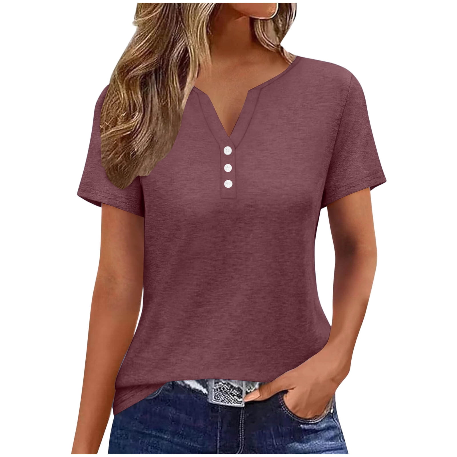 cfhntfmh Womens Summer Tops Short Sleeve Henley Neck Basic Shirts with ...