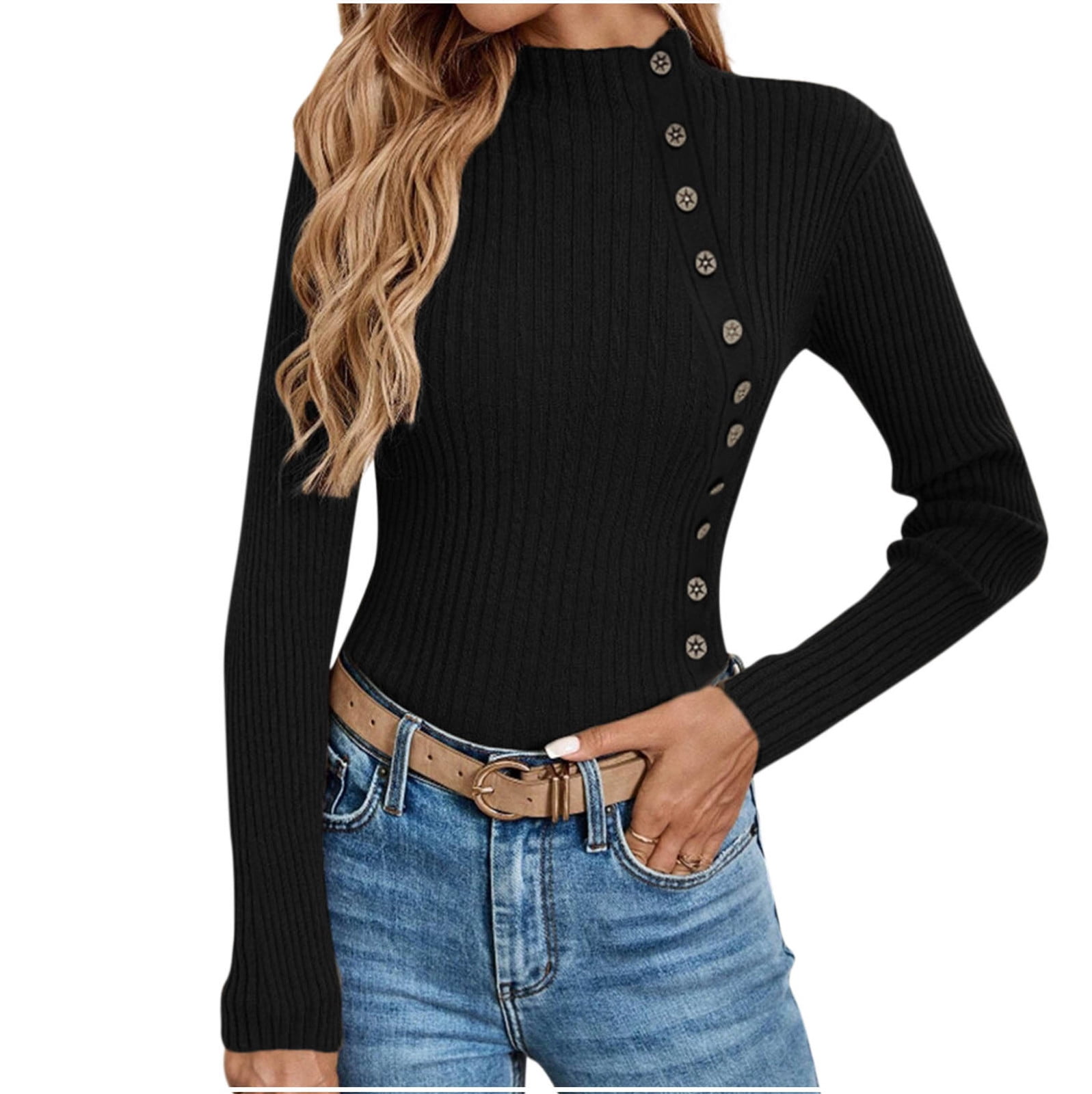 cfhntfmh Womens Sweaters Spring Fall Ribbed Knit Long Sleeve Mock Neck ...