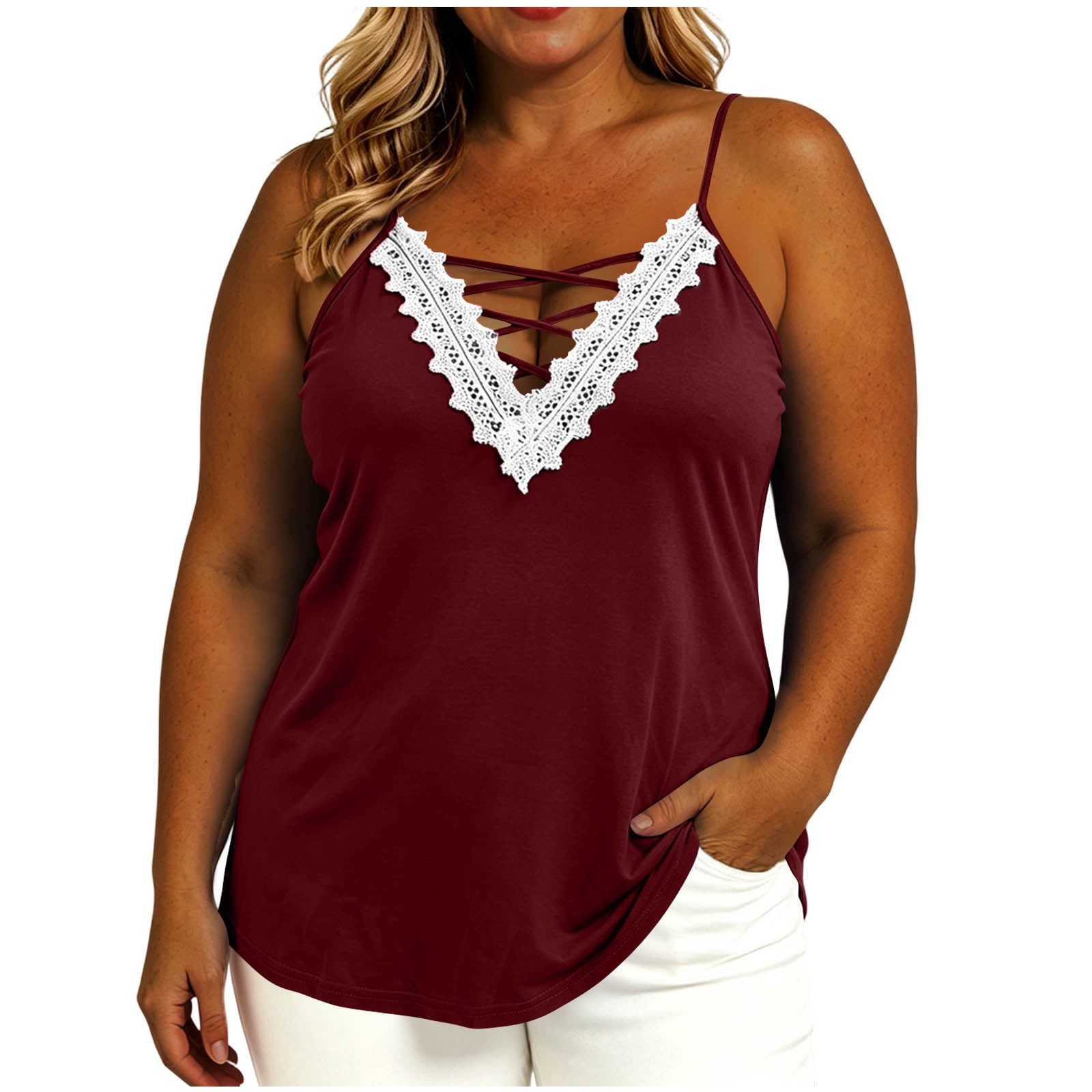 cfhntfmh Womens Tank Tops Plus Size Lace up Cami V Neck Sleeveless ...
