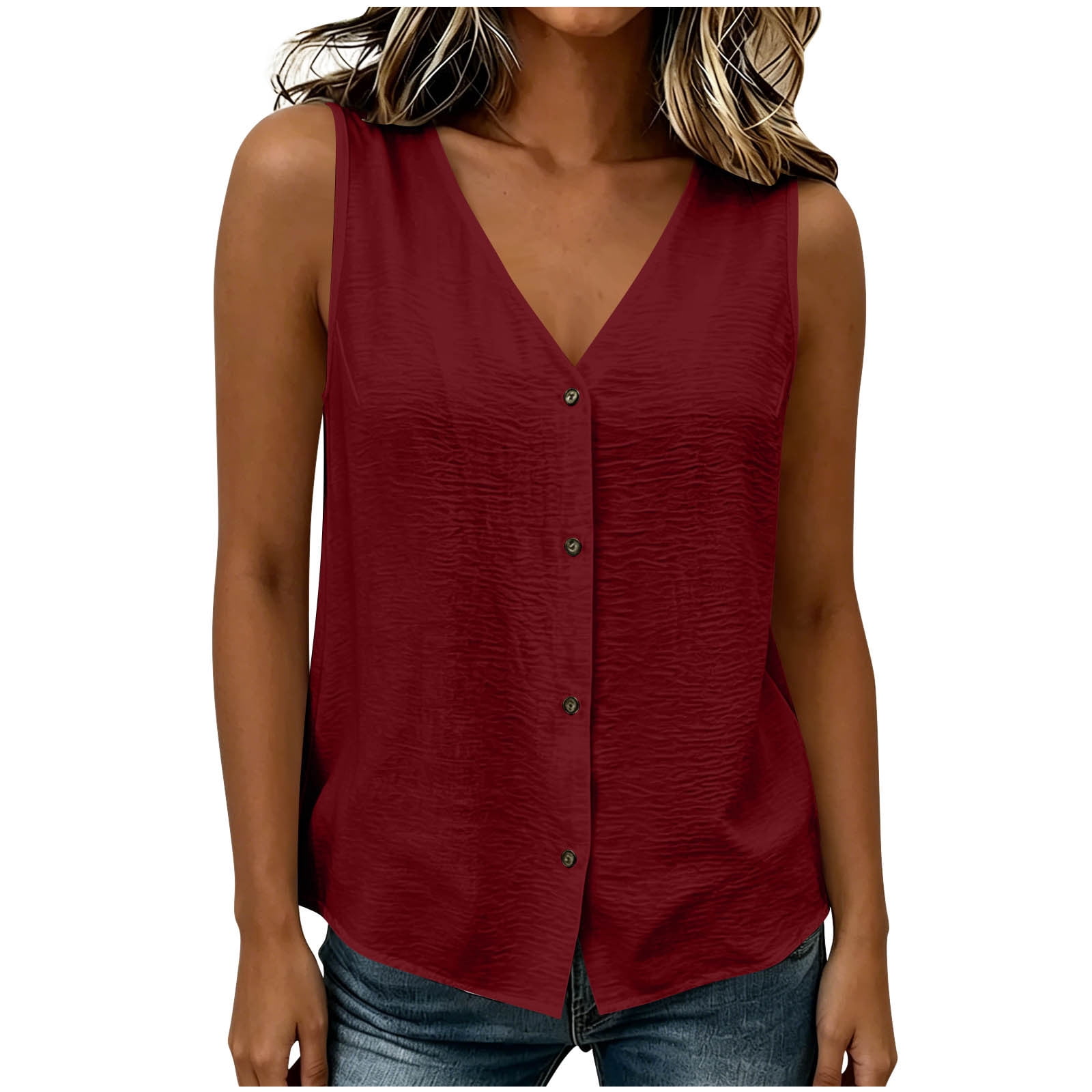 cfhntfmh Womens Tank Tops V Neck Button down Sleeveless Shirts Textured ...