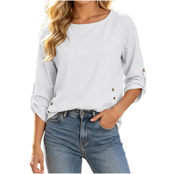 cfhntfmh Womens Tops Dressy Casual Round Neck 3/4 Length Sleeve Shirts ...