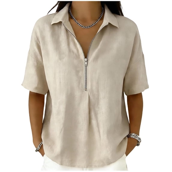 cfhntfmh Womens Tops Summer Half Sleeve Collared V Neck T-Shirts Zipper ...