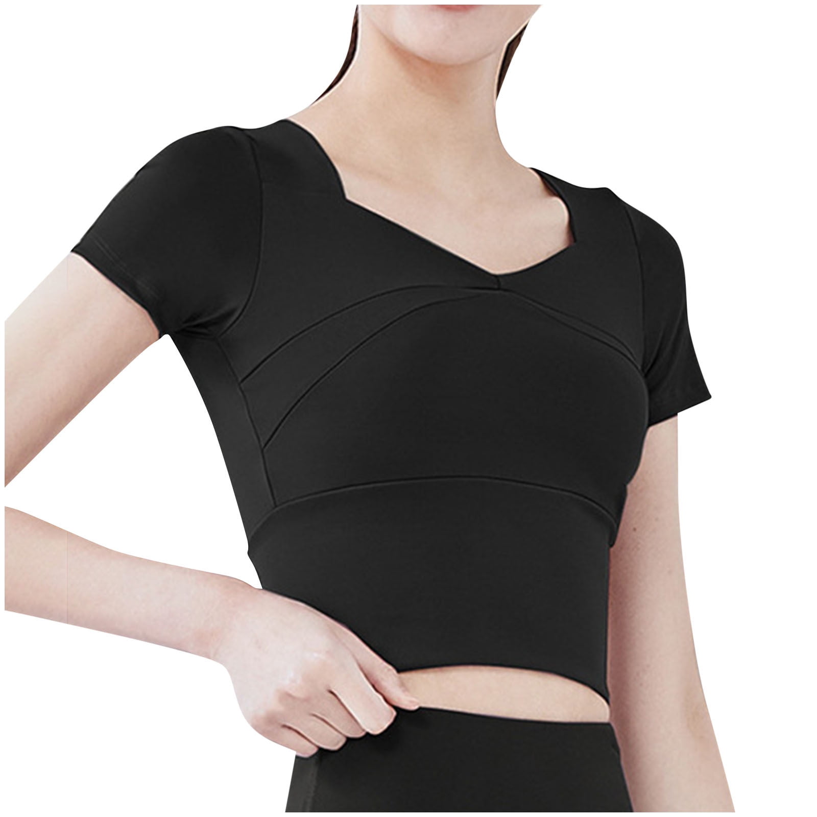 cfhntfmh Womens Workout Crop Tops Comfy Yoga Scoop Neck Short Sleeve ...