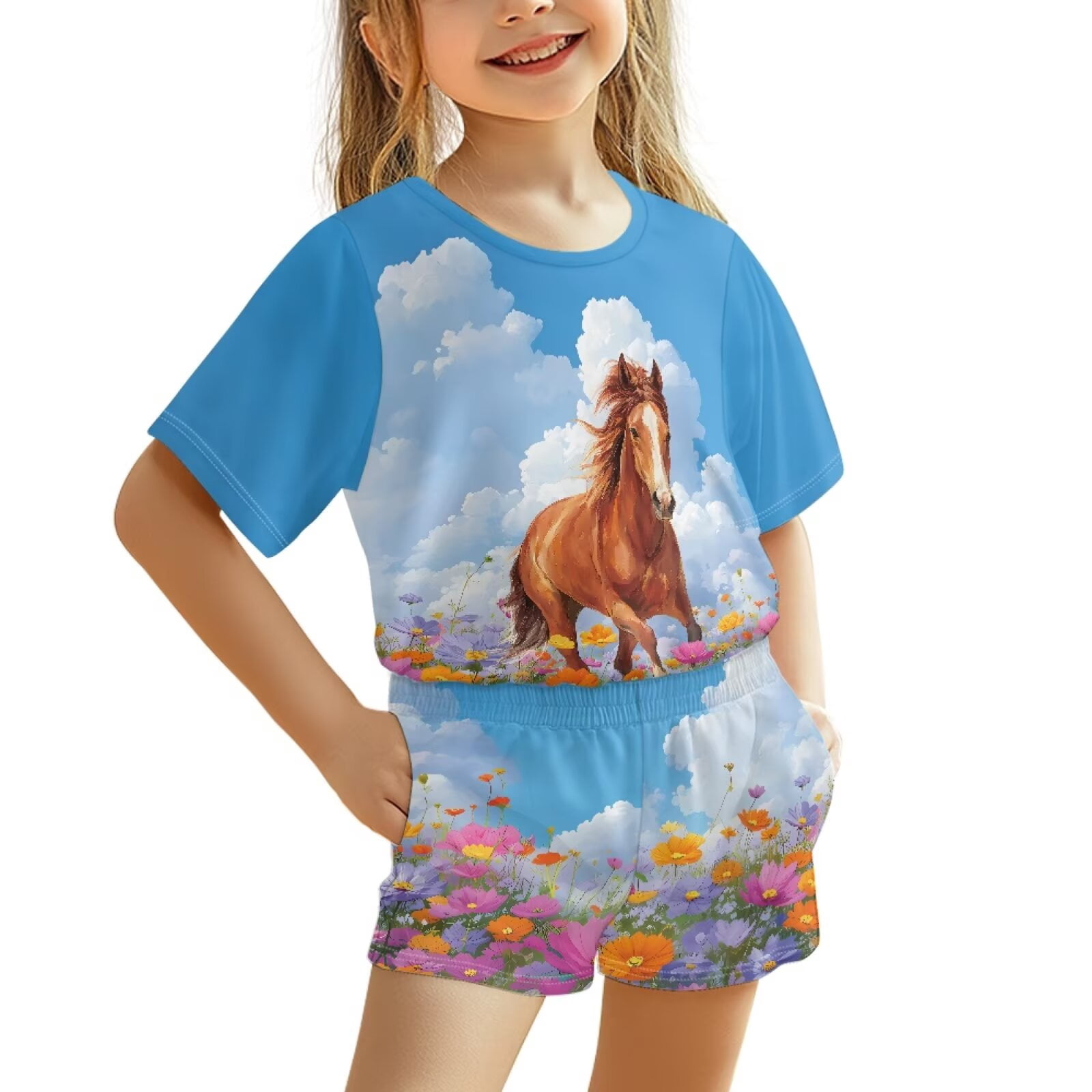 chaqlin 3D Horse Flower Girl's 2 Piece Outfits Kids Tie Knot Tank Top ...