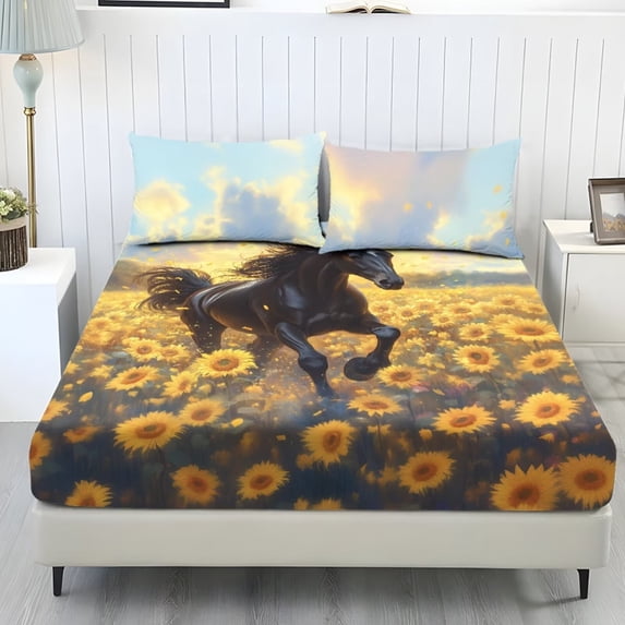 chaqlin Black Horse Sunflower Bed Sheet 3 Piece Cooling Bedding Cover ...