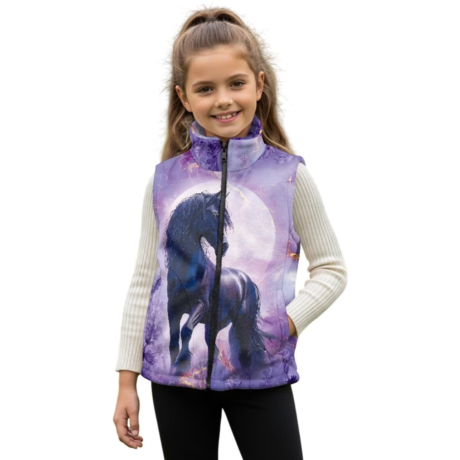 chaqlin Black Horse Vest for Girls 1-2 Trendy Stand-Up Collar Zip Up ...
