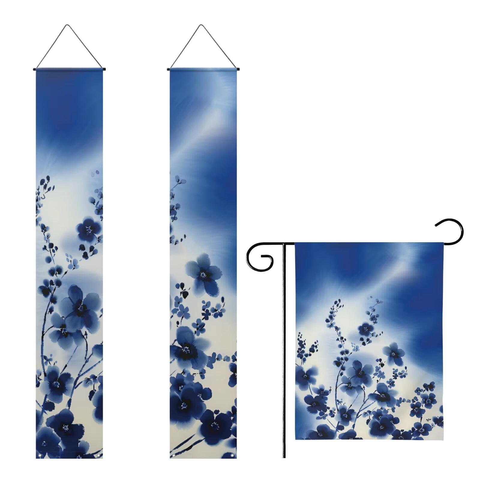 chaqlin Blue Flower Print Welcome Hanging Banners and Garden Flag 12x71 ...