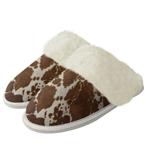 chaqlin- Brown Fuzzy Slippers for Women Cow Print House Slippers Fluffy ...