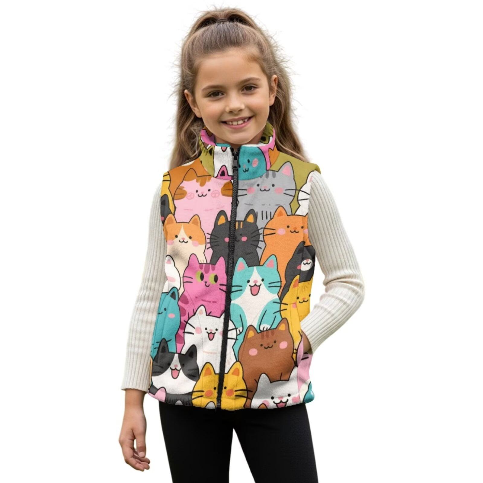chaqlin Cartoon Cat Zipper Vest for Girls 4T Cute Sleeveless Stand ...
