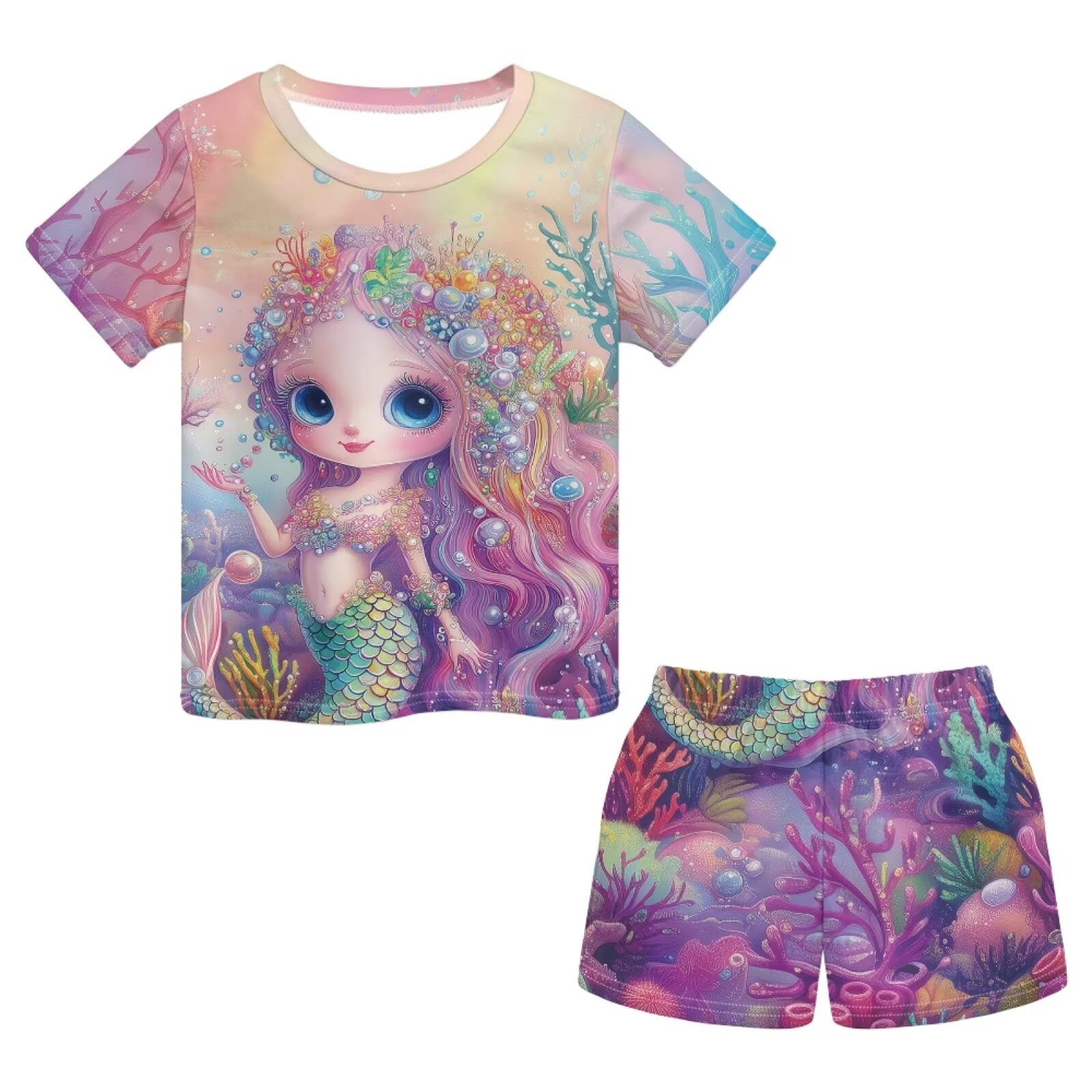 chaqlin Cartoon Mermaid Printed Girls Summer Outfits 2 Piece Set Drop ...