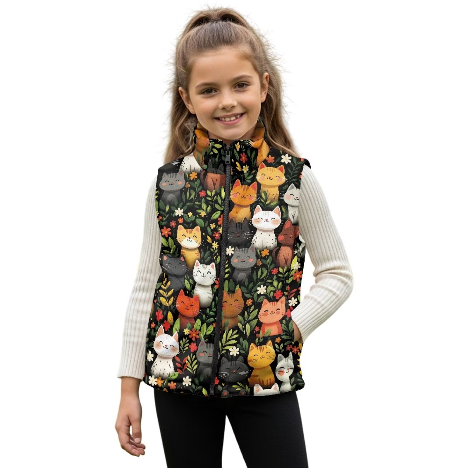 chaqlin Cats Fleece Vest for Girls 7-8 Cute Sleeveless Stand Collar ...