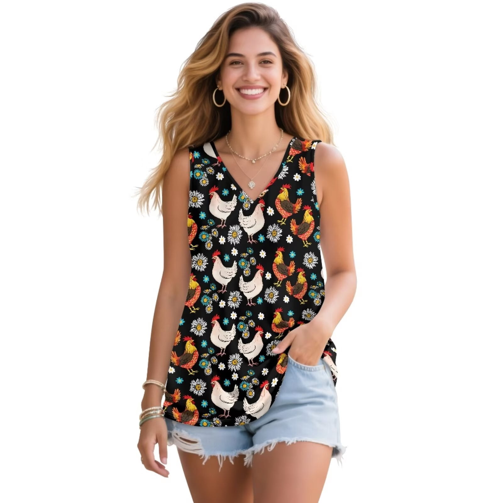chaqlin Chicken Daisy Tunic Shirts for Women Ladies V Neck Tank Tops ...