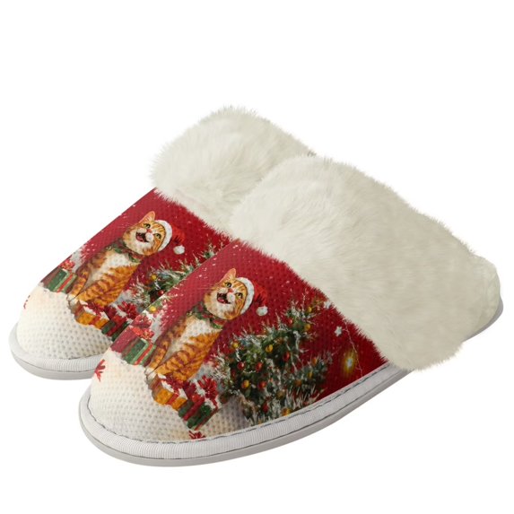 chaqlin Christmas Cat Slippers for Women Slip On Fuzzy Slippers Fluffy ...