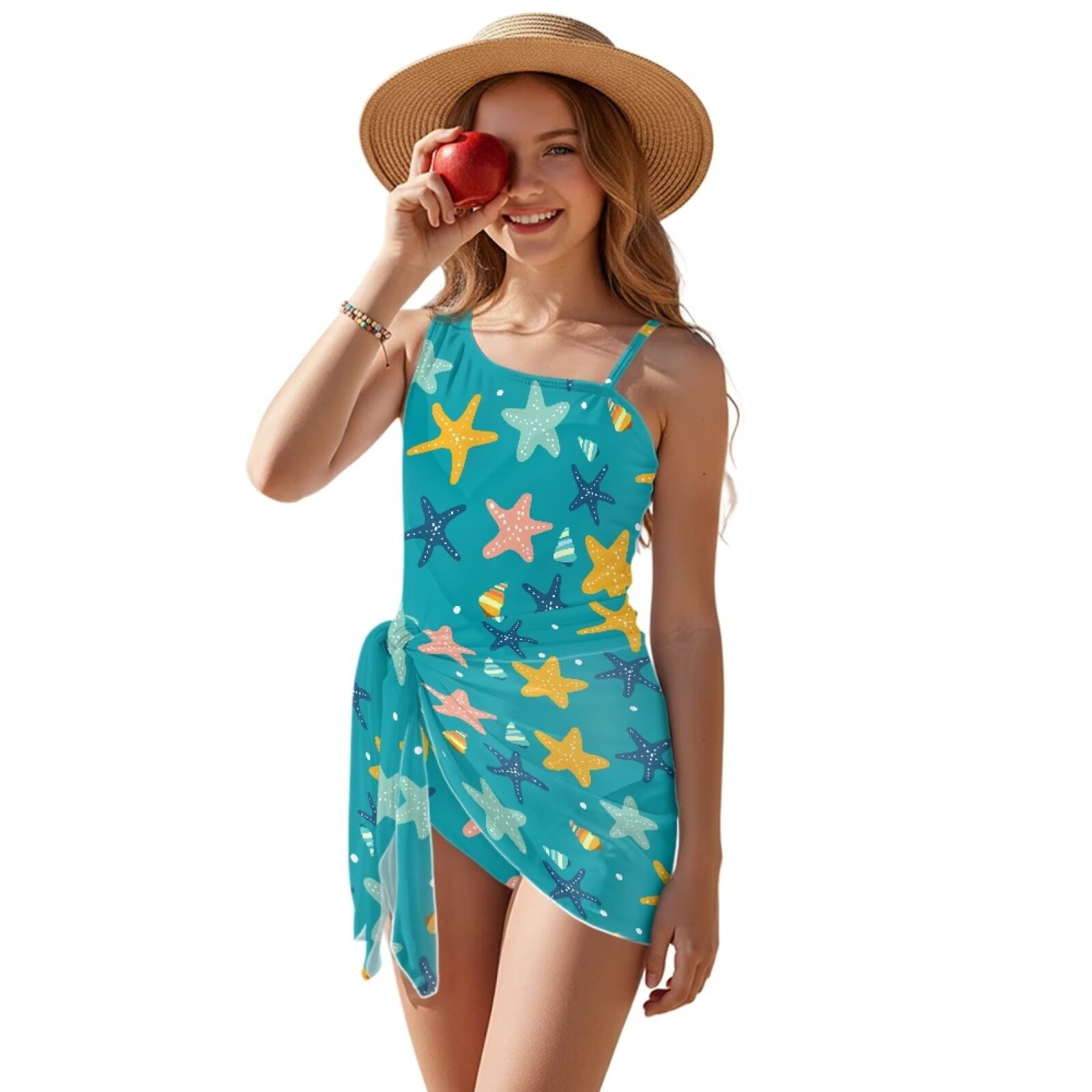 chaqlin Colorful Starfish Girls One Shoulder Swimsuit with Beach Cover ...