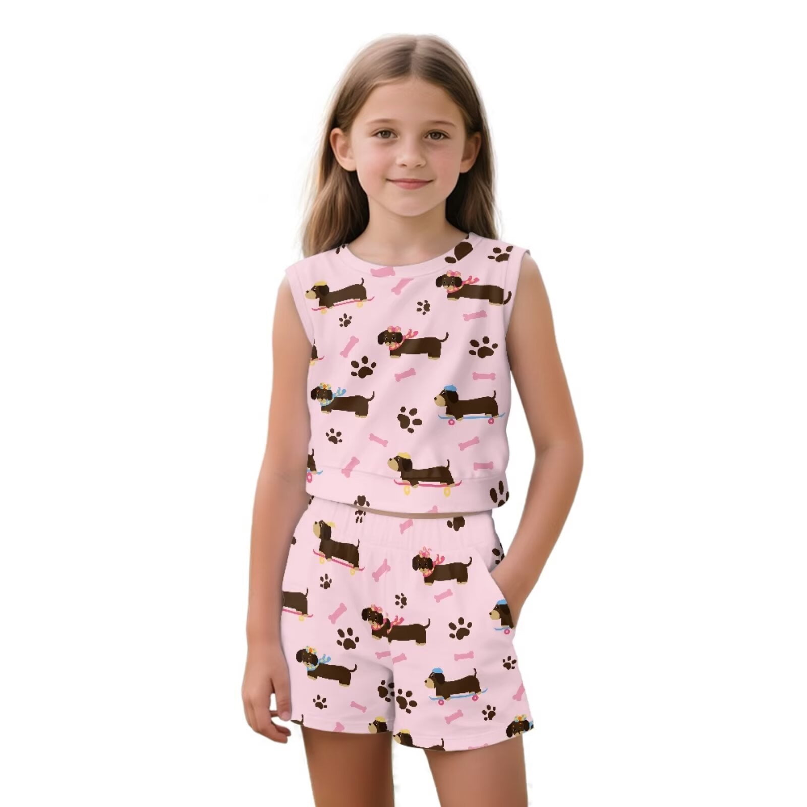 chaqlin Dachshund Paw Girl's 2-Piece Matching Set Sleeveless Round Neck ...