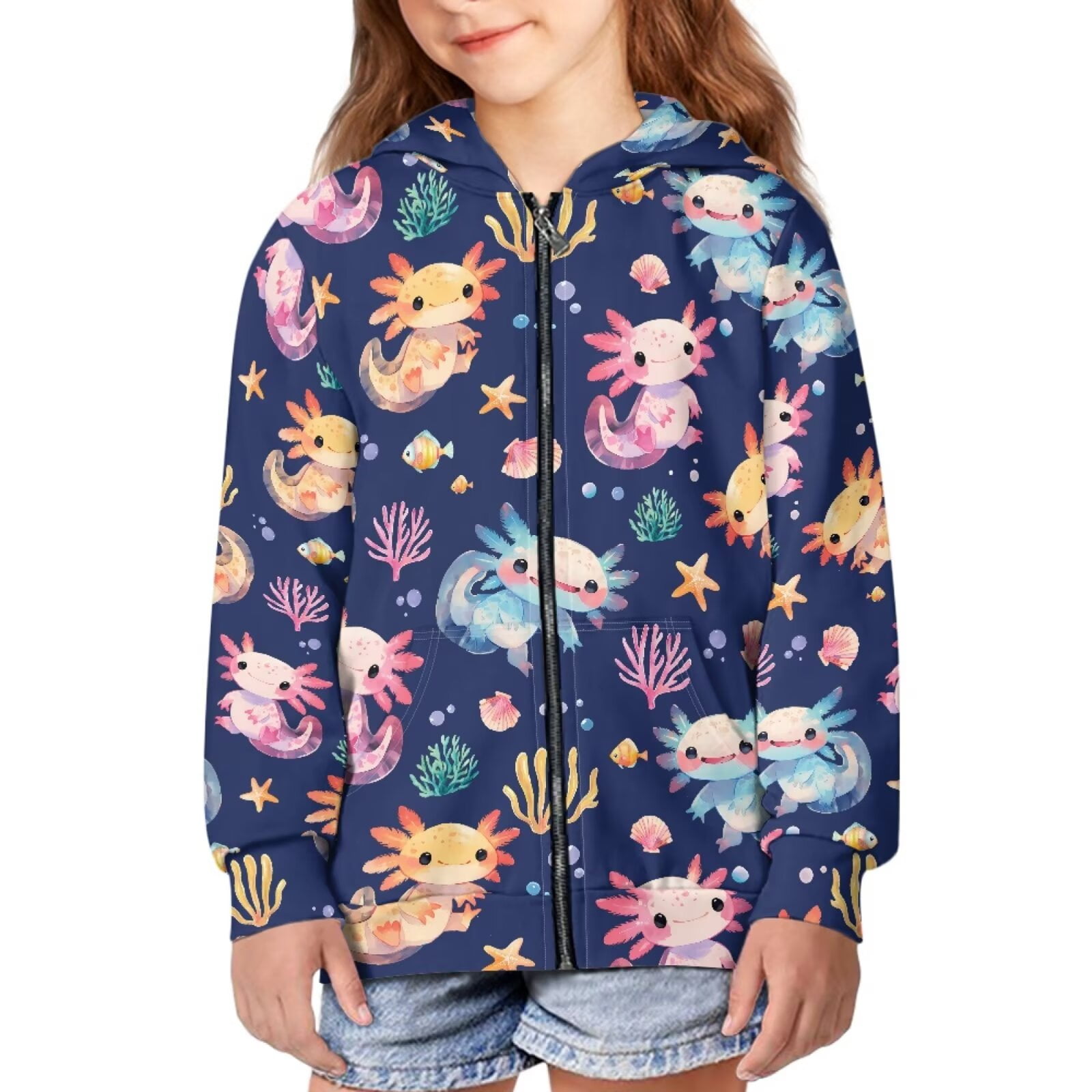 chaqlin Girls Cartoon Axolotl Hoodies Size 7-8 Zip Up Hoodie Sweatshirt ...