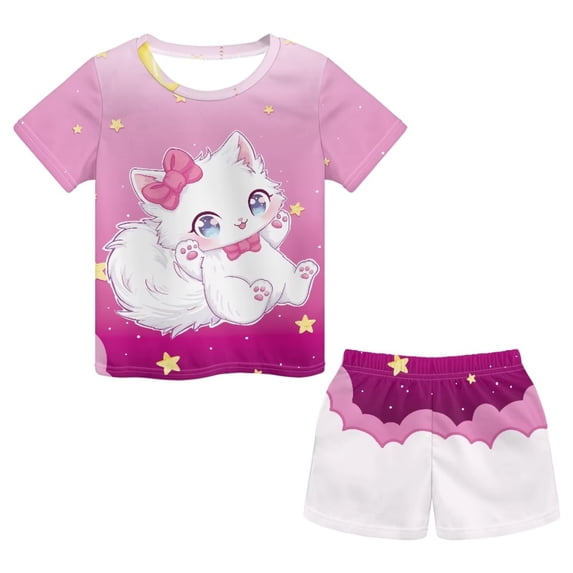 chaqlin Gradient Bow Cat Design Tank Short Set for Girls Short Sleeve ...