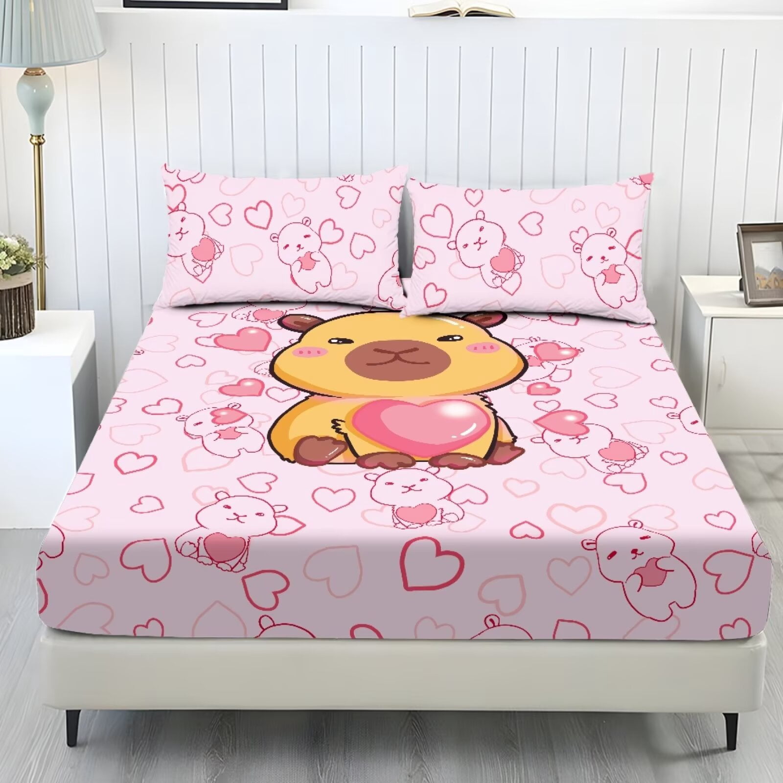 chaqlin Lovely Capybara Sheet Fitted Sheet Set Bedroom Decoration Pink ...