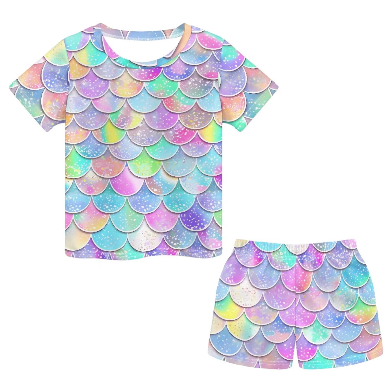 chaqlin Mermaid Scale Girls Summer Loungewear 2 Piece Sets Short Sleeve ...
