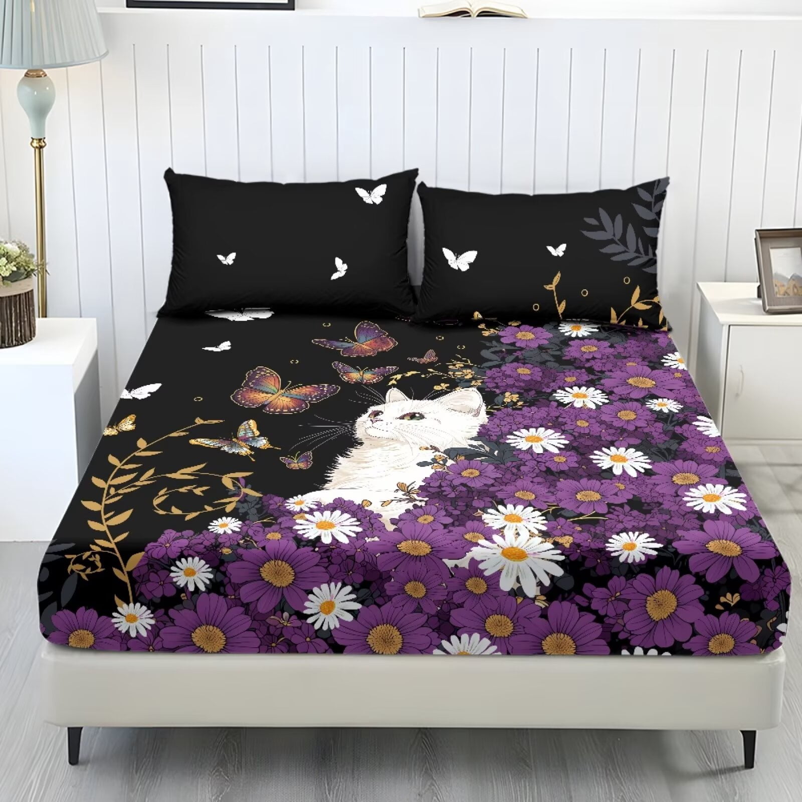 chaqlin Queen Sheet Purple Flowers Cat Sheets Set Cooling Sheet with 2 ...
