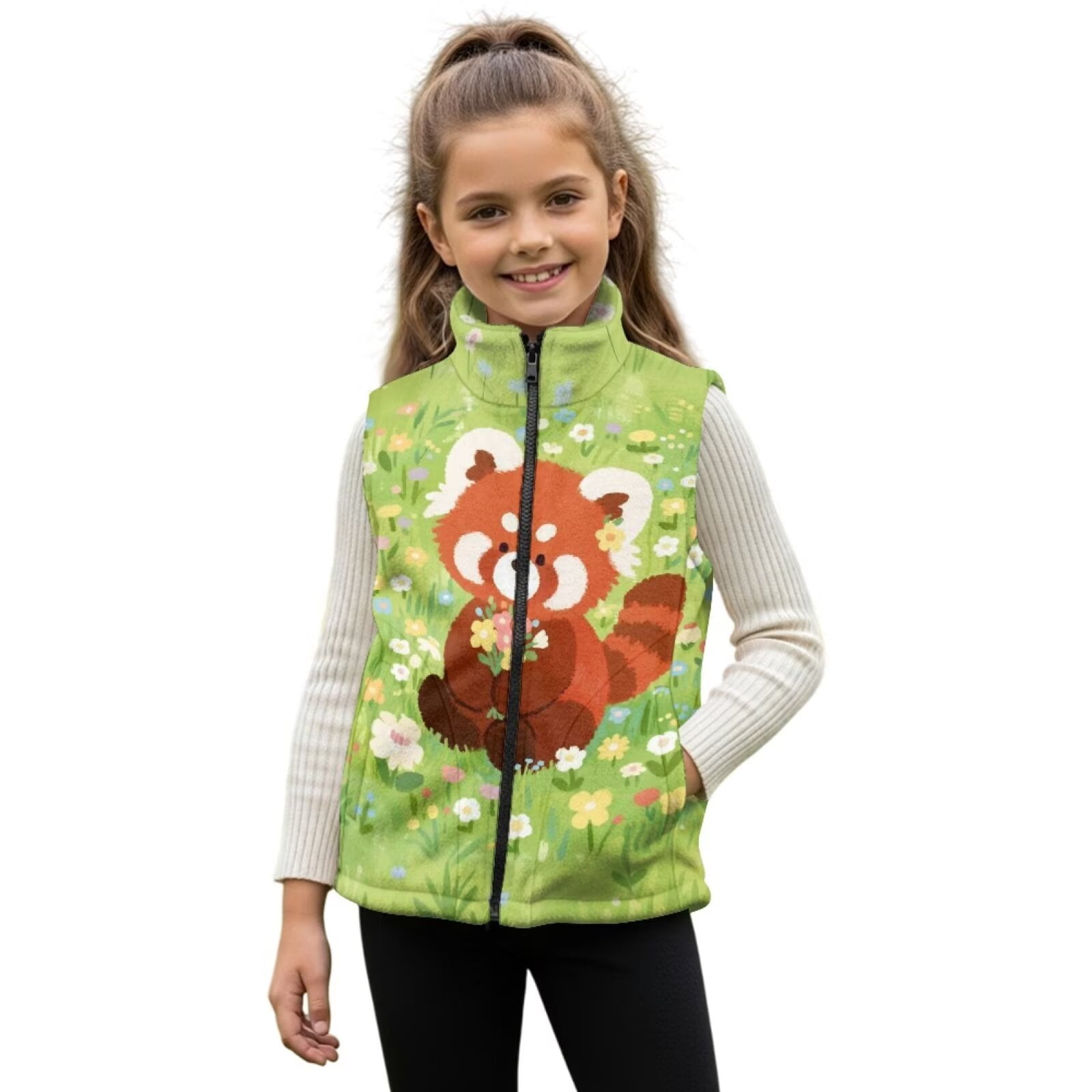 chaqlin Red Panda Fleece Vest for Girls Cute Full Zip Sleeveless Jacket ...