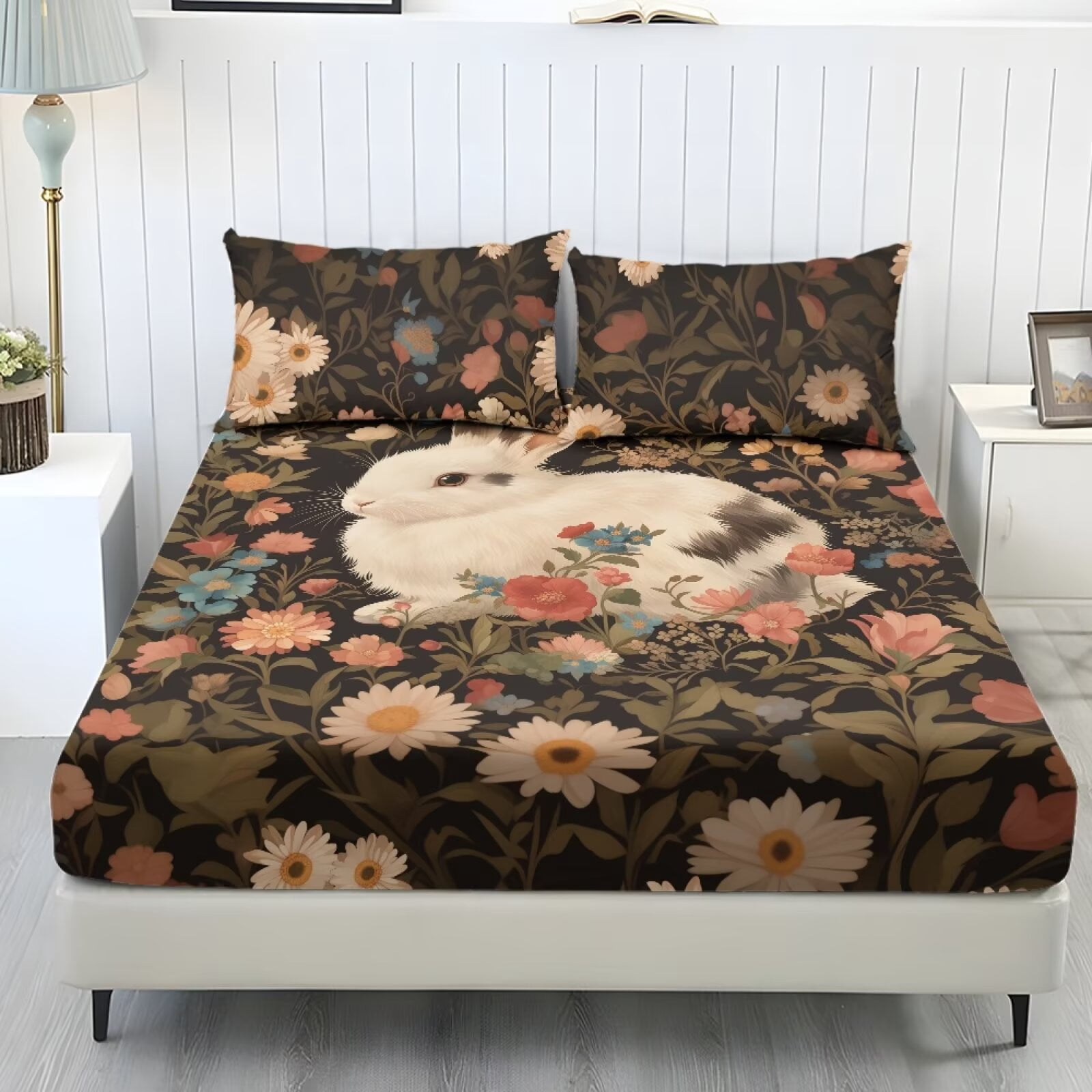 chaqlin Retro Rabbit Floral Bedding Set Full Size Stretchy 1 Fitted ...