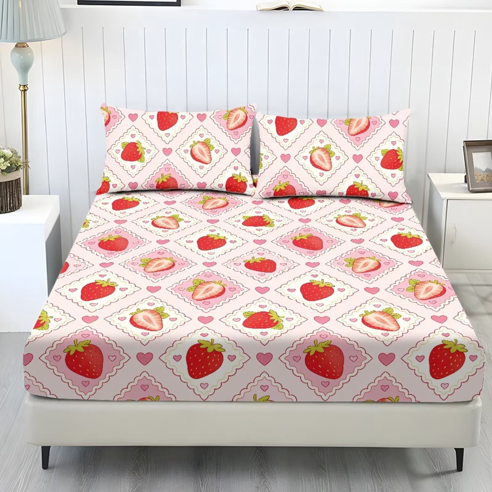 chaqlin Strawberry Heart 3 Pcs Queen Size Bed Sheets Set Easy Fit ...