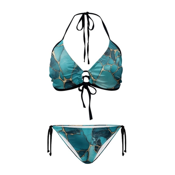 chaqlin Teal Gold Marble Halter Triangle Bikini Set - Sexy Tie Side Two ...