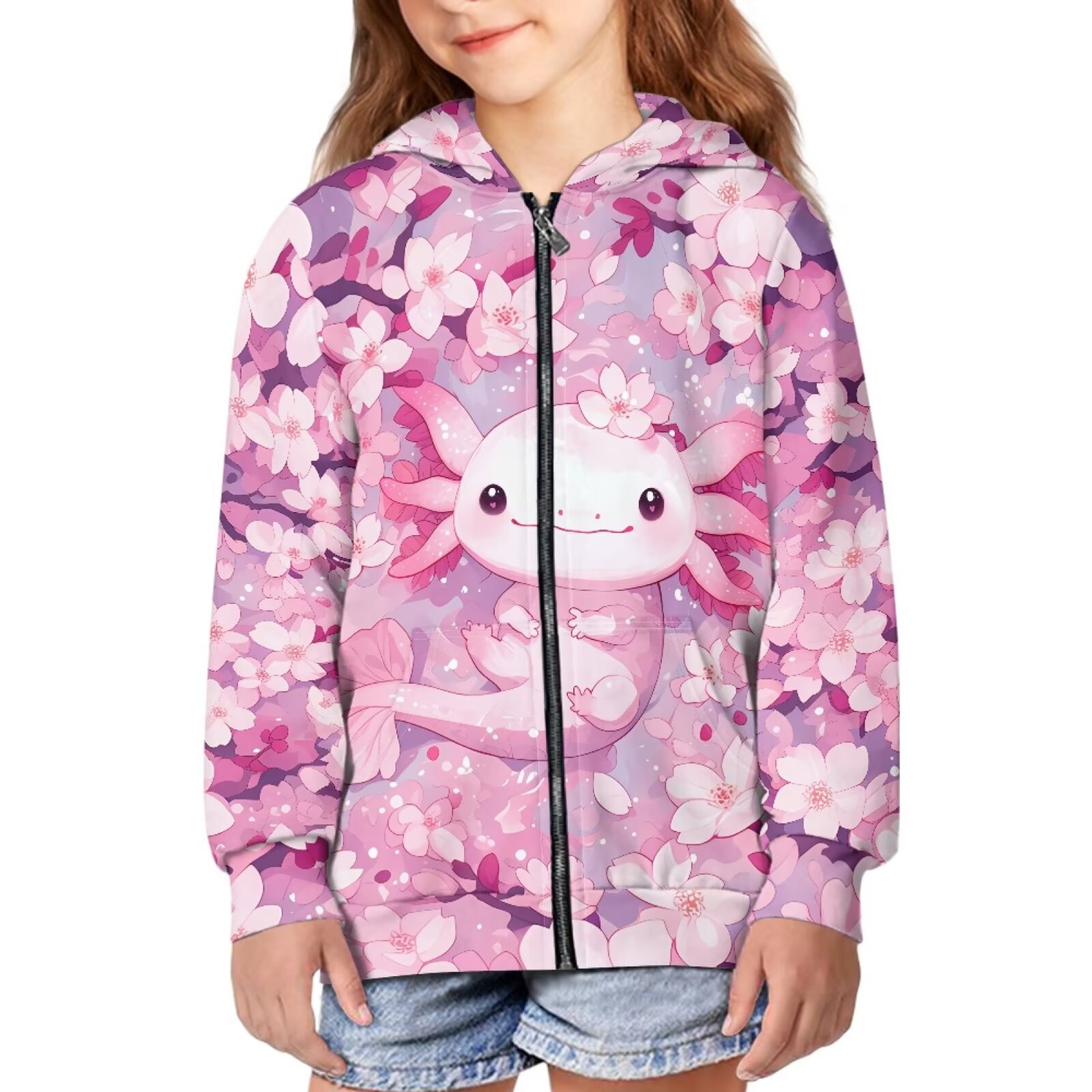 chaqlin Teen Girl Hoodies Trendy Axolotl Full-Zip Hoodie Cherry Blossom ...