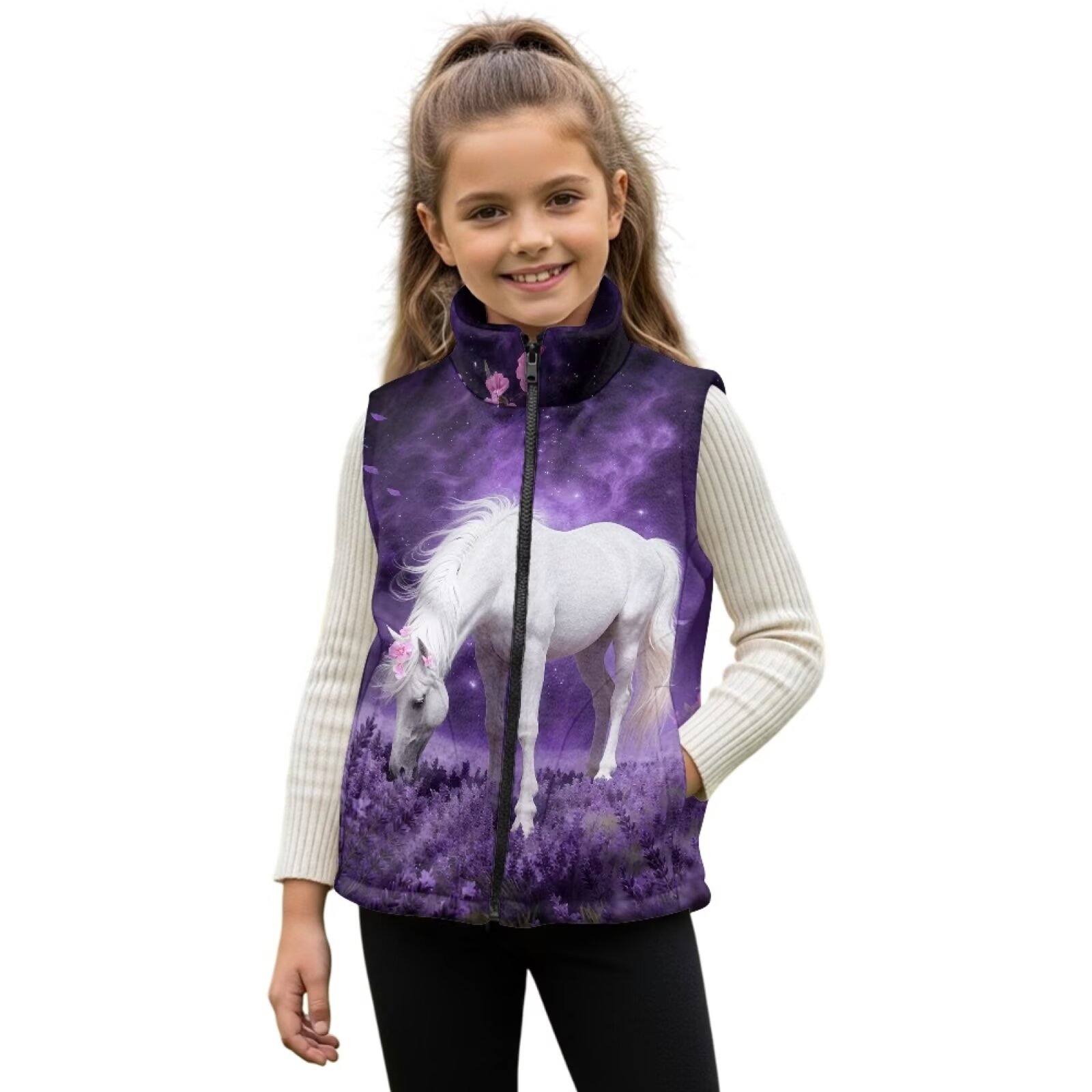 chaqlin White Horse Vest for Girls 7-8 Winter Full Zip Vest Coat Flower ...