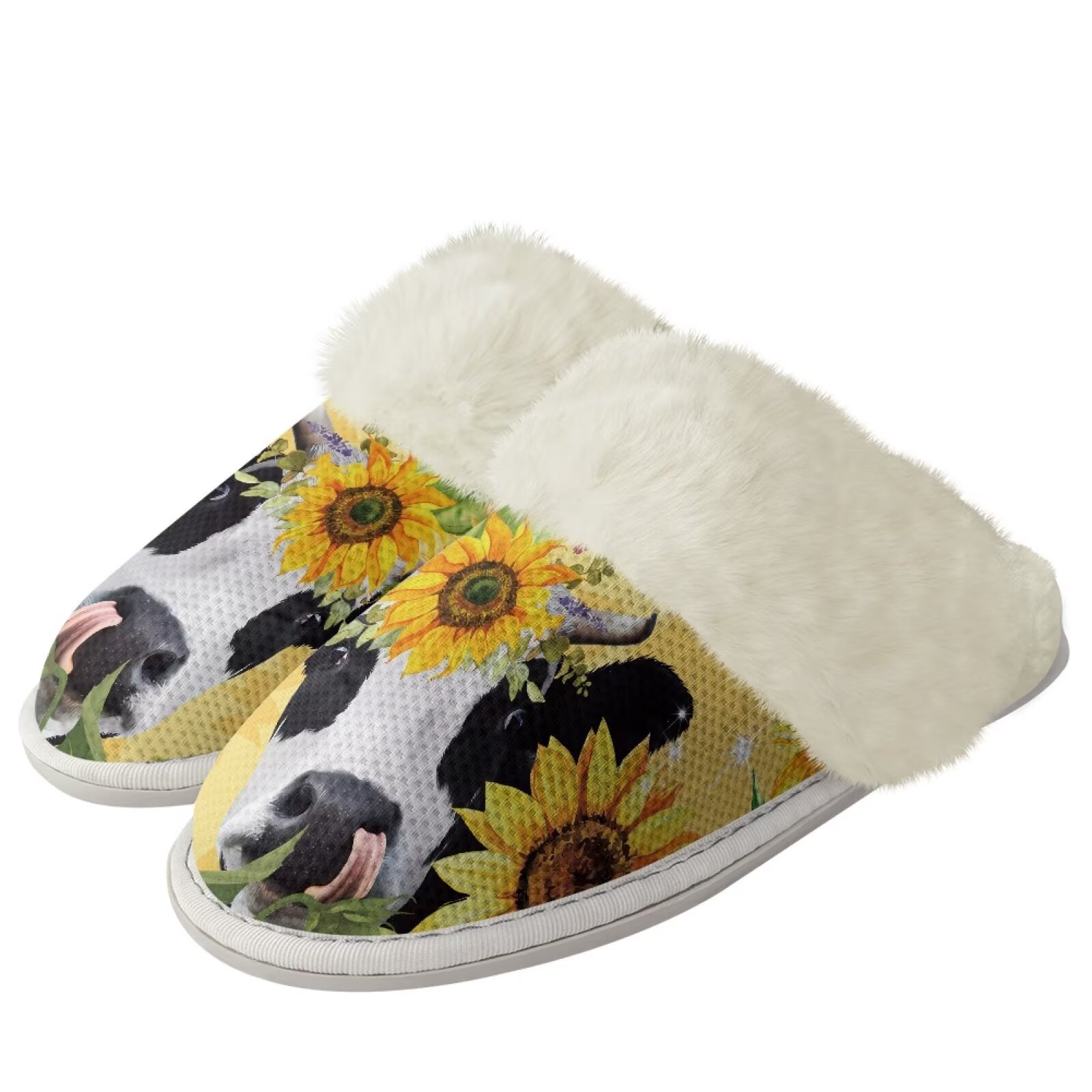 chaqlin Women's Fuzzy Cow Slippers for Women Sunflower Fluffy Winter ...