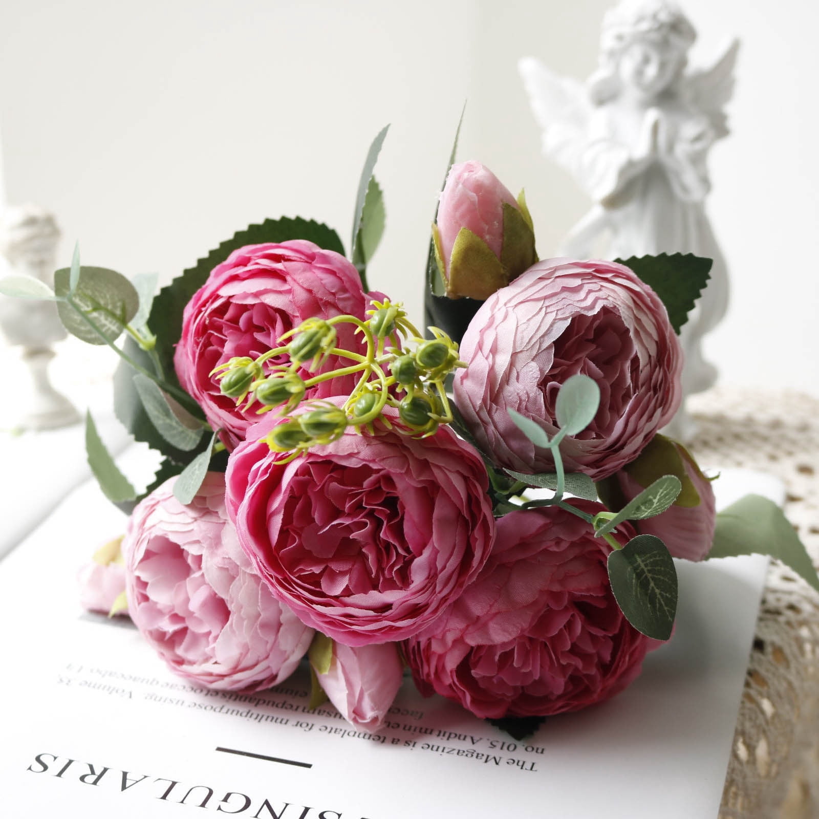 chaungfeng 5 Heads Artificial Flowers Bouquet, 11.8inch Silk Peony Fake ...