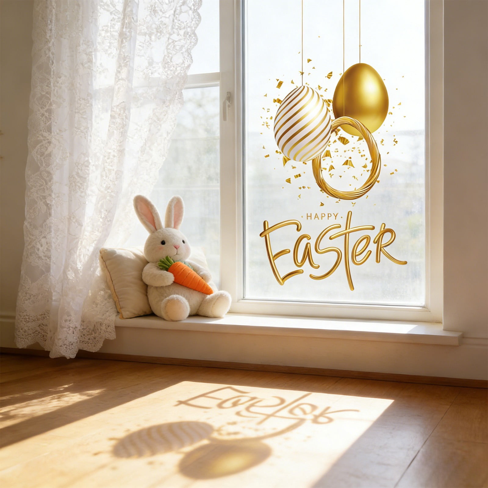 chaungfeng Easter Bunny Window Sticker 15"x31", Glass Decal Easter Gold ...