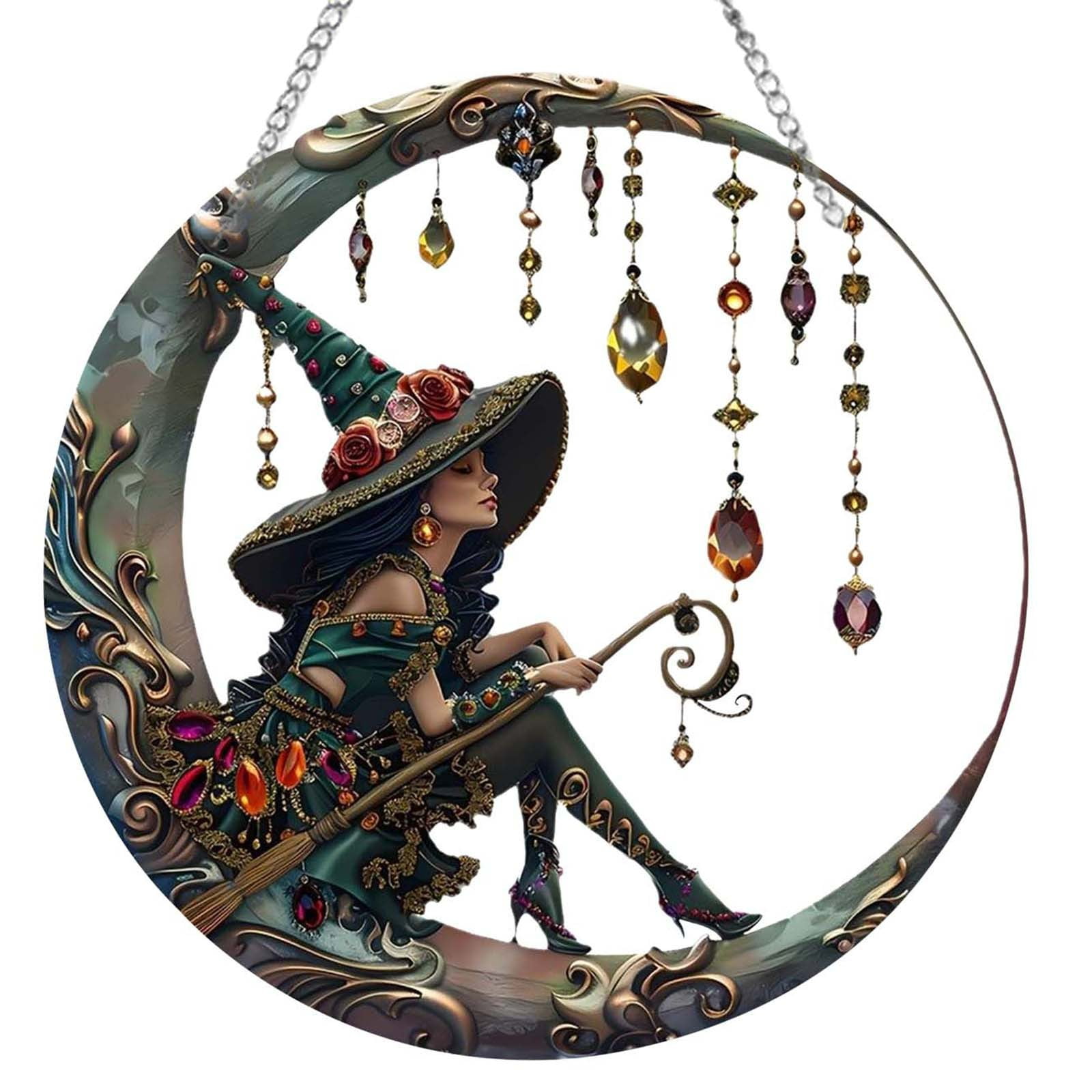 chaungfeng Moonlight Witch Window Hanging Suncatcher, Halloween Ornament, Witch Sun Catcher for ...