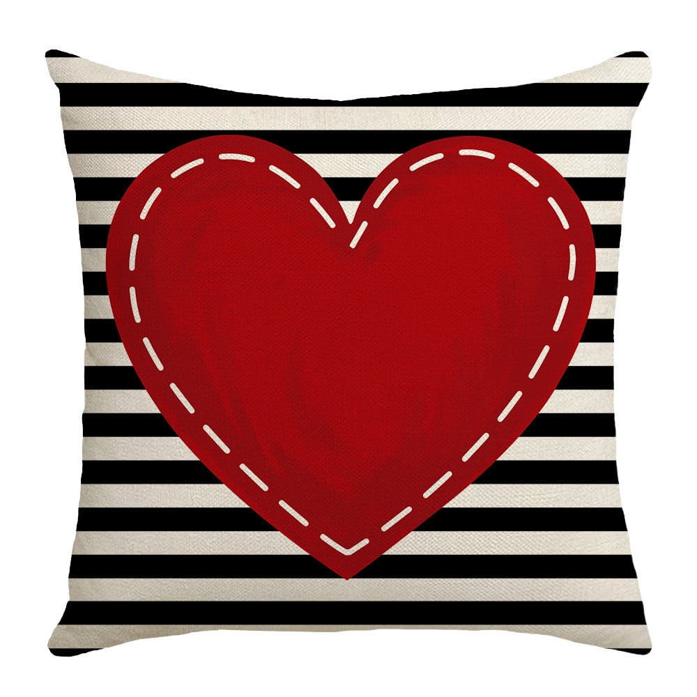 chaungfeng Valentines Linen Pillow Cover Heart and Stripe Letter Print ...