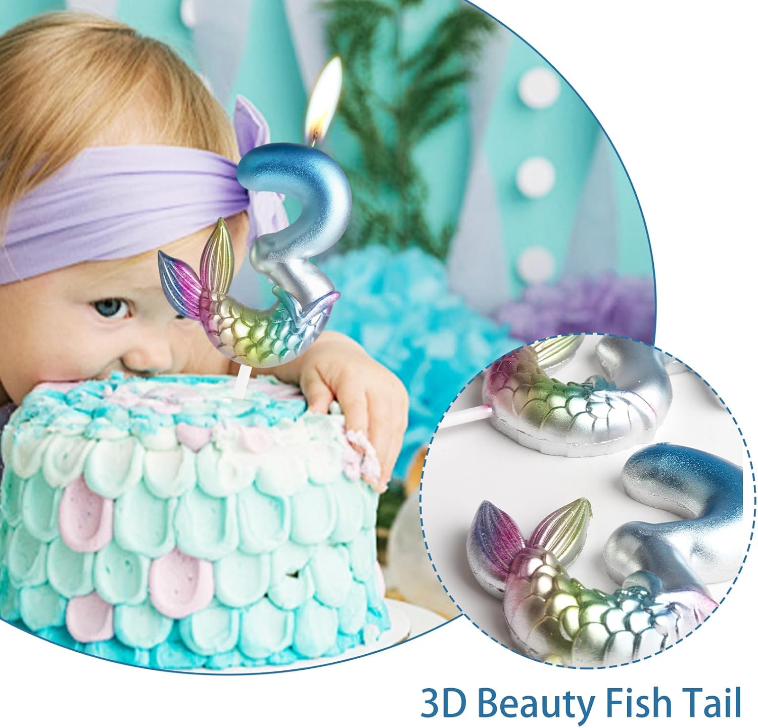 chdqwer Birthday Candles Numbers 3 Candle Mermaid Birthday Decorations ...